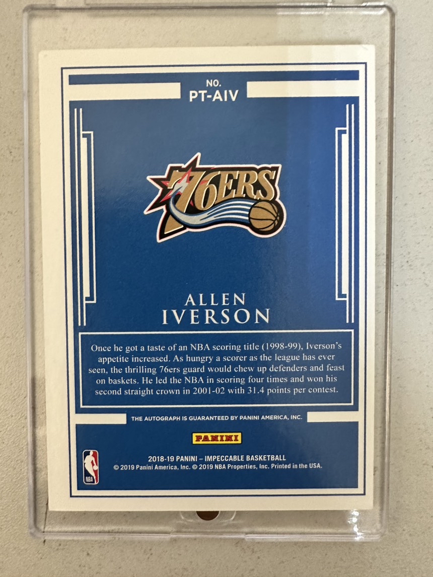 2018-19 Panini Impeccable Allen Iverson 小真金系列 76人 名宿 艾弗森 场均得分 数据 签字 卡签 ...