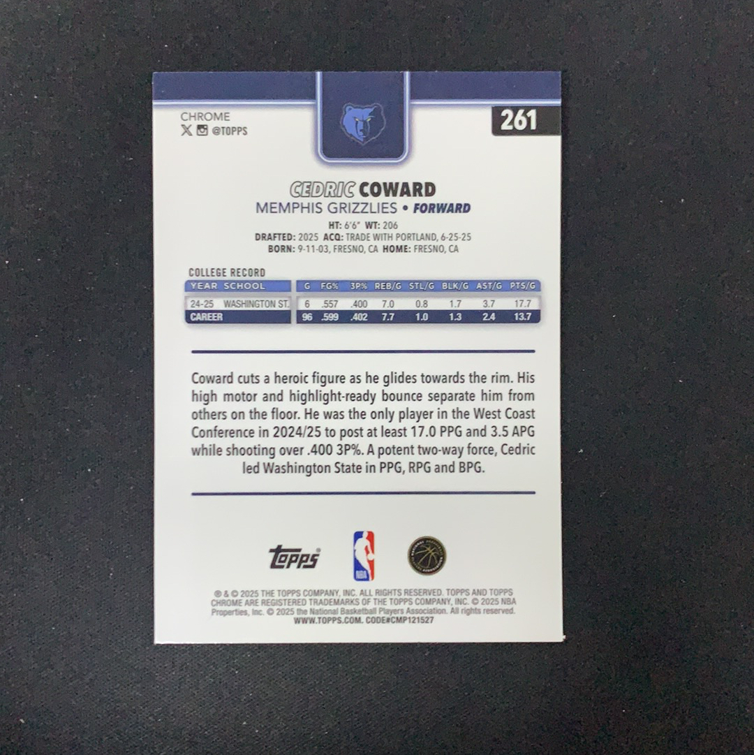 2025-26 Topps Chrome Cedric Coward RC 【SC拍卖】TC 新秀 灰熊 考沃德 瀑布折 收藏必备（fly） 卡淘