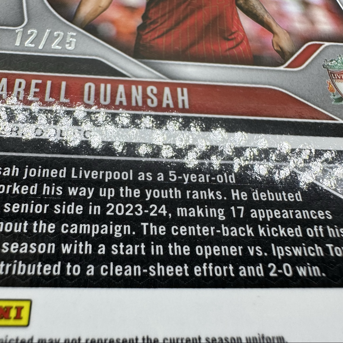 2024-25 Panini Prizm Jarell Quansah 英超pz 胡安萨 利物浦 12/25编 紫泡泡折 收藏必备 微瑕 卡片 ...