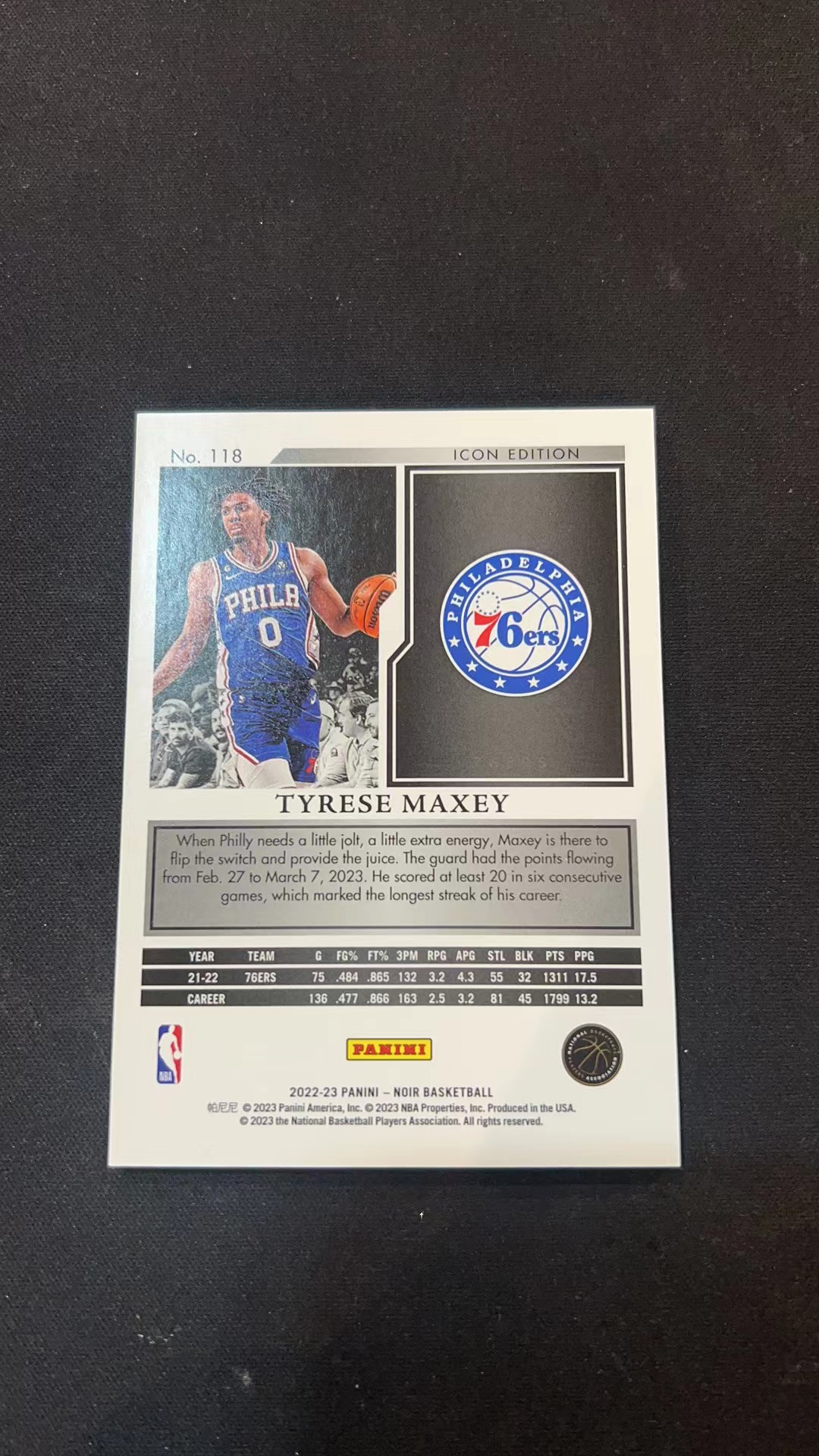 2022-23 Panini Noir Tyrese Maxey 【肥波球星卡】诺尔系列 泰雷塞 马克西 76人 Icon 99编 ...