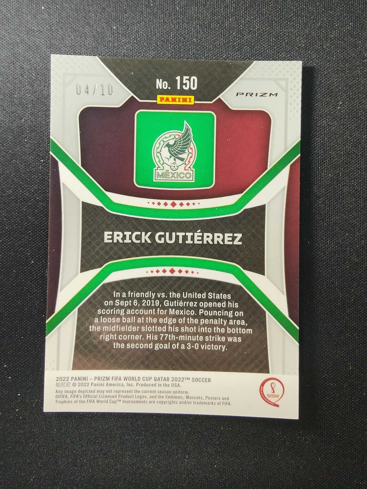 【六代目专业代拍】2022 Panini Prizm Erick Gutierrez RC 世界杯PZ 墨西哥 古铁雷斯 新秀 04/10编 低编 金脉冲折 折射【皓月】23 卡淘