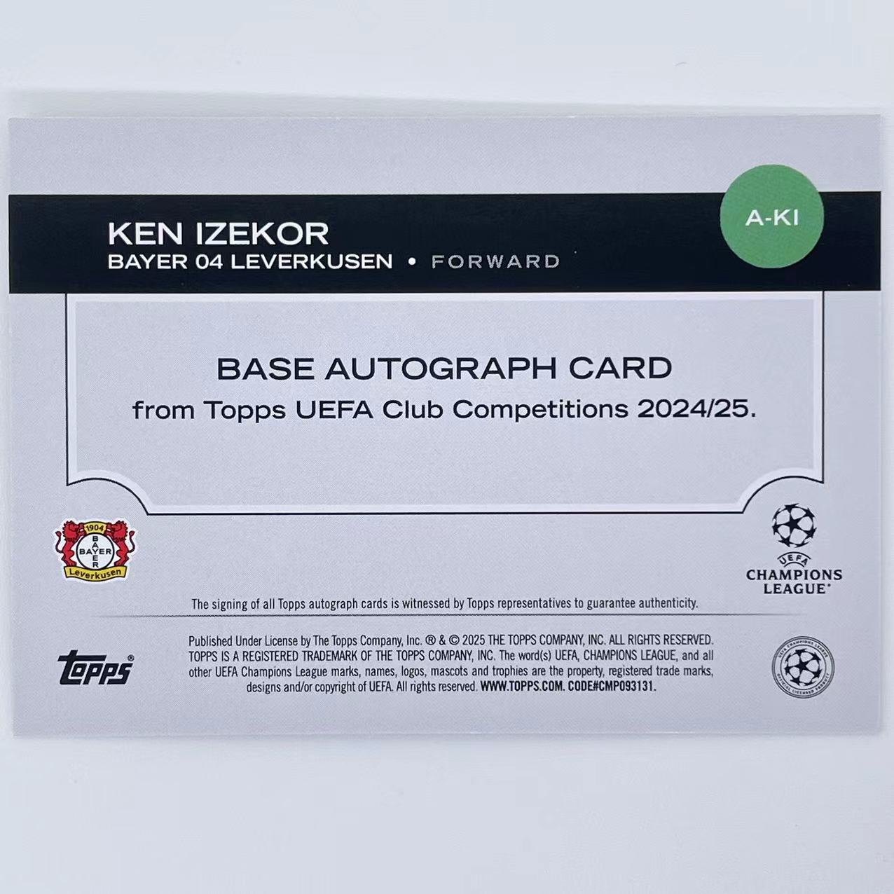 U+ 2024-25 Topps Chrome Ken Izekor RC 欧冠TC 德国 勒沃库森 肯 伊泽科尔 新秀 签字 银折 未来可期 ...