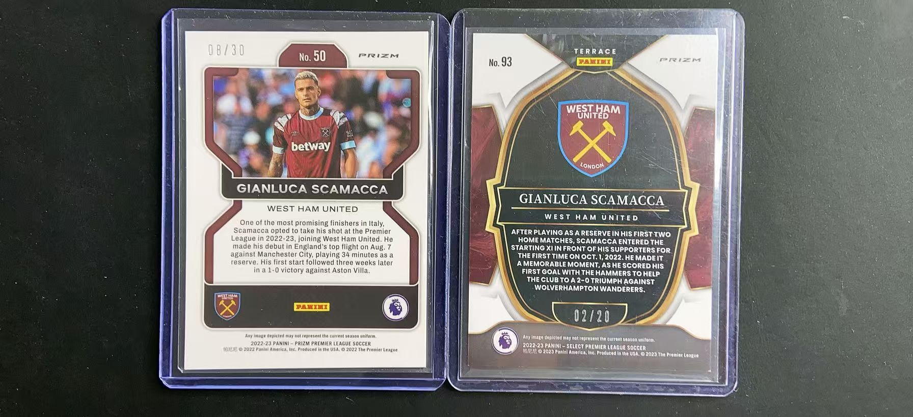2022-23 Panini Select Gianluca Scamacca 【肥猫代卖】辞镜 Select 西汉姆联 斯卡马卡 白折 二级 20编 红圈圈折 30编 两张打包 收藏必备 卡淘