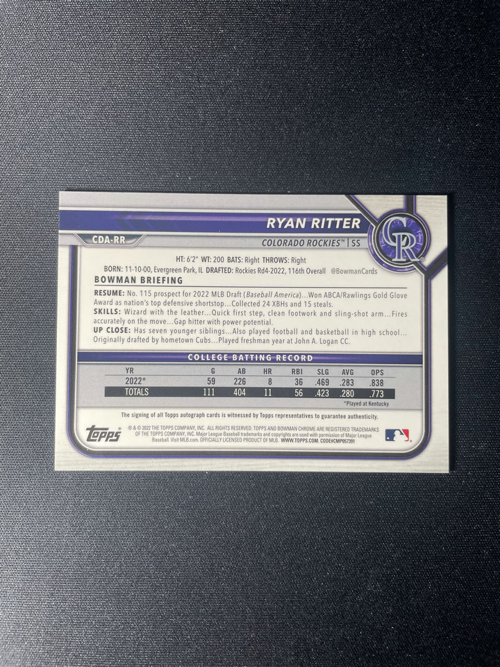 2022 Topps Bowman Chrome Ritter RC MLB科罗拉多落基 Ryan Ritter 新秀1st 绿熔岩 签字卡签 ...