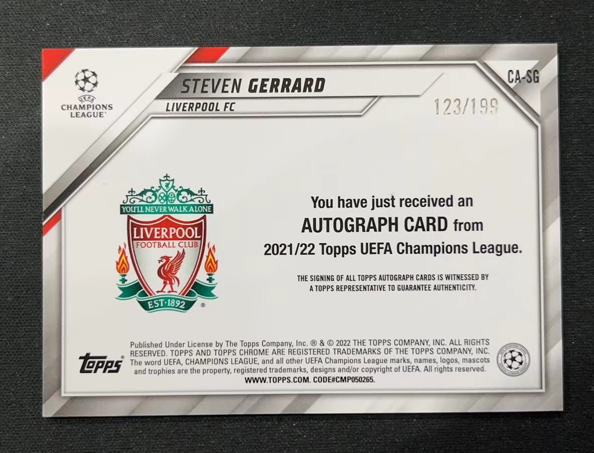 2021-22 Topps Chrome Steven Gerrard 【长安代卖】欧战 利物浦 史蒂文杰拉德 青折签字 123/199编 实卡好看 收藏必备【LLLL】（Z）（M） 卡淘