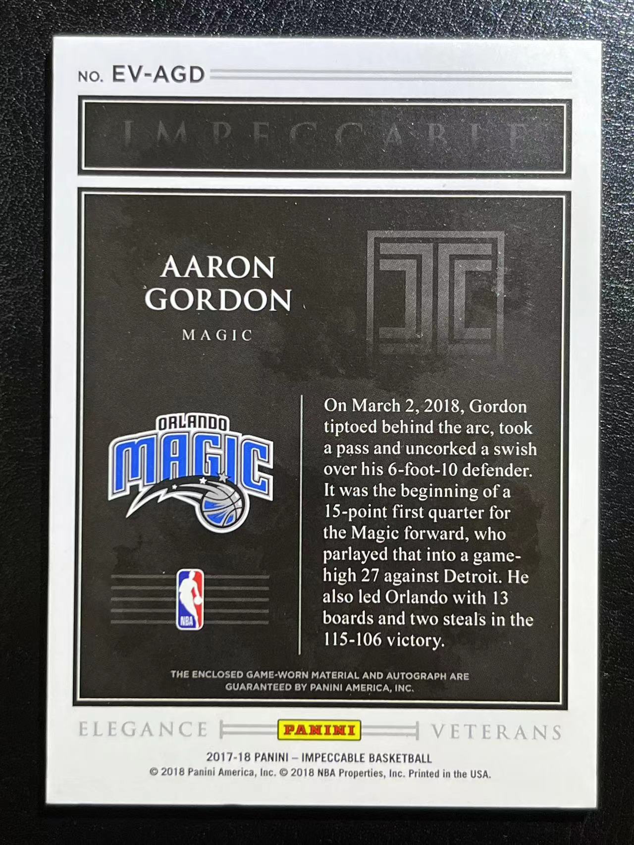 2017-18 Panini Impeccable Aaron Gordon 阿隆戈登 魔术选图 小真金系列 99编 JA 签字 卡签 大比例 ...