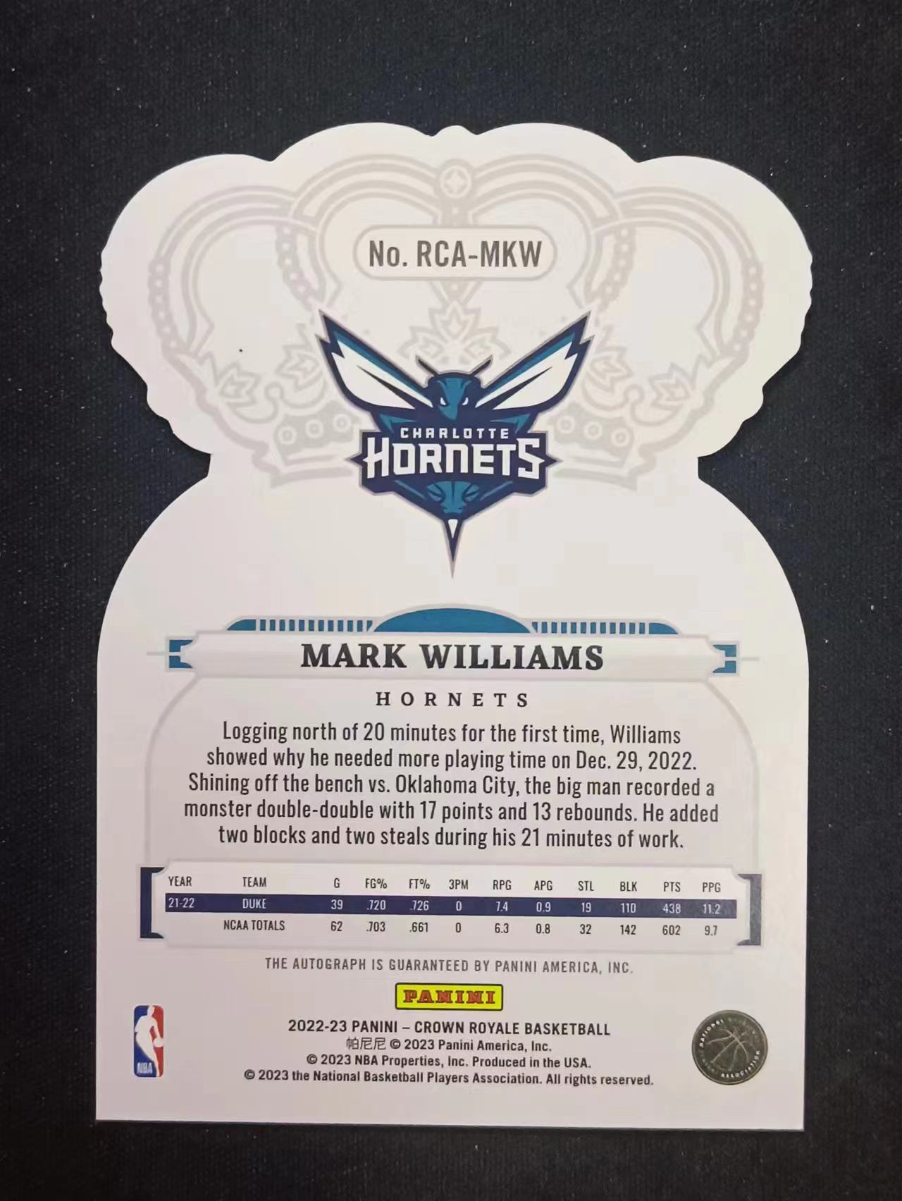 2022-23 Panini Crown Royale Mark Williams 黄蜂 新秀RC 马克 威廉姆斯 红折 签字 贴签 23/ ...