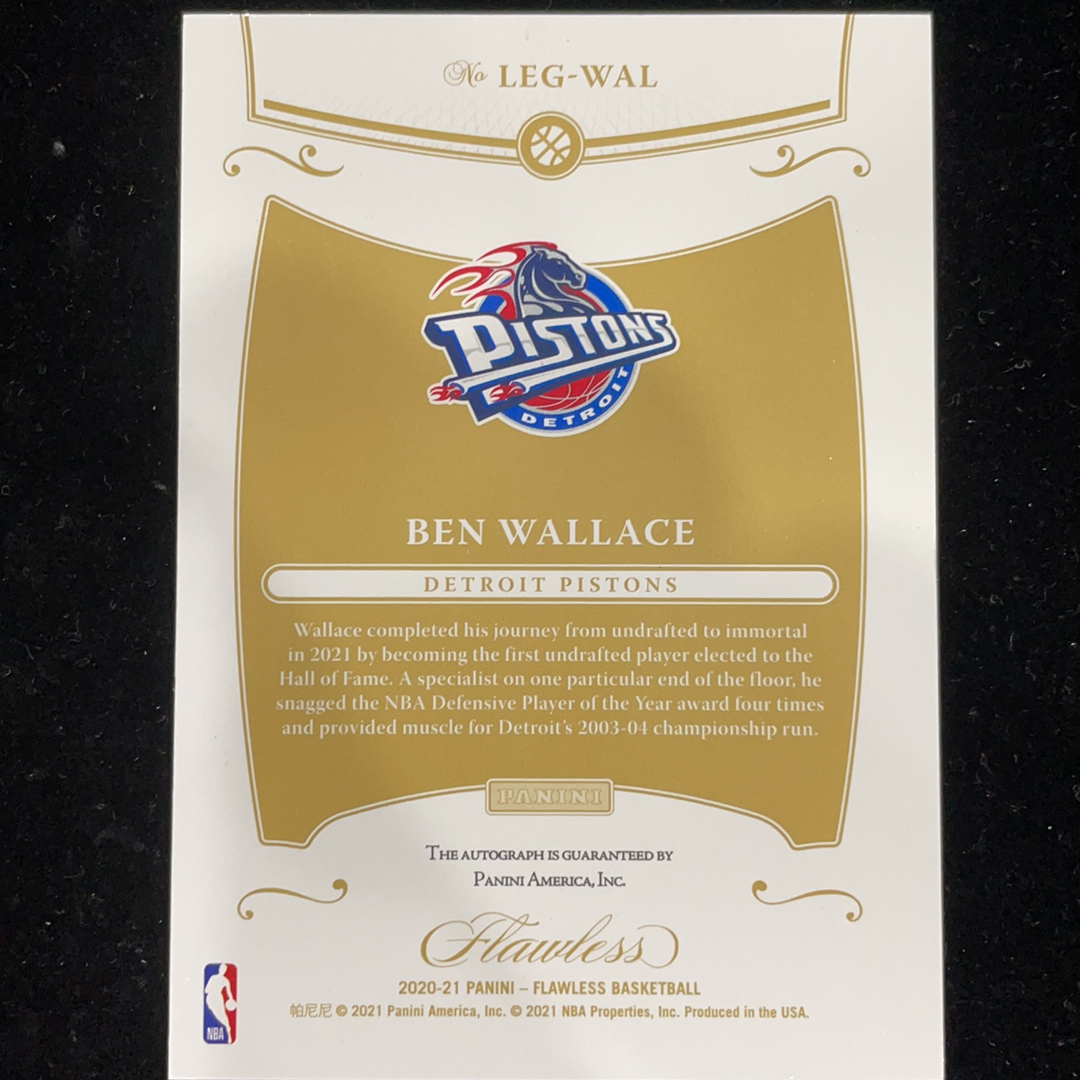 2020-21 Panini Flawless Ben Wallace 本 华莱士 手提 5编 签字 卡签 活塞 卡品如图 卡淘