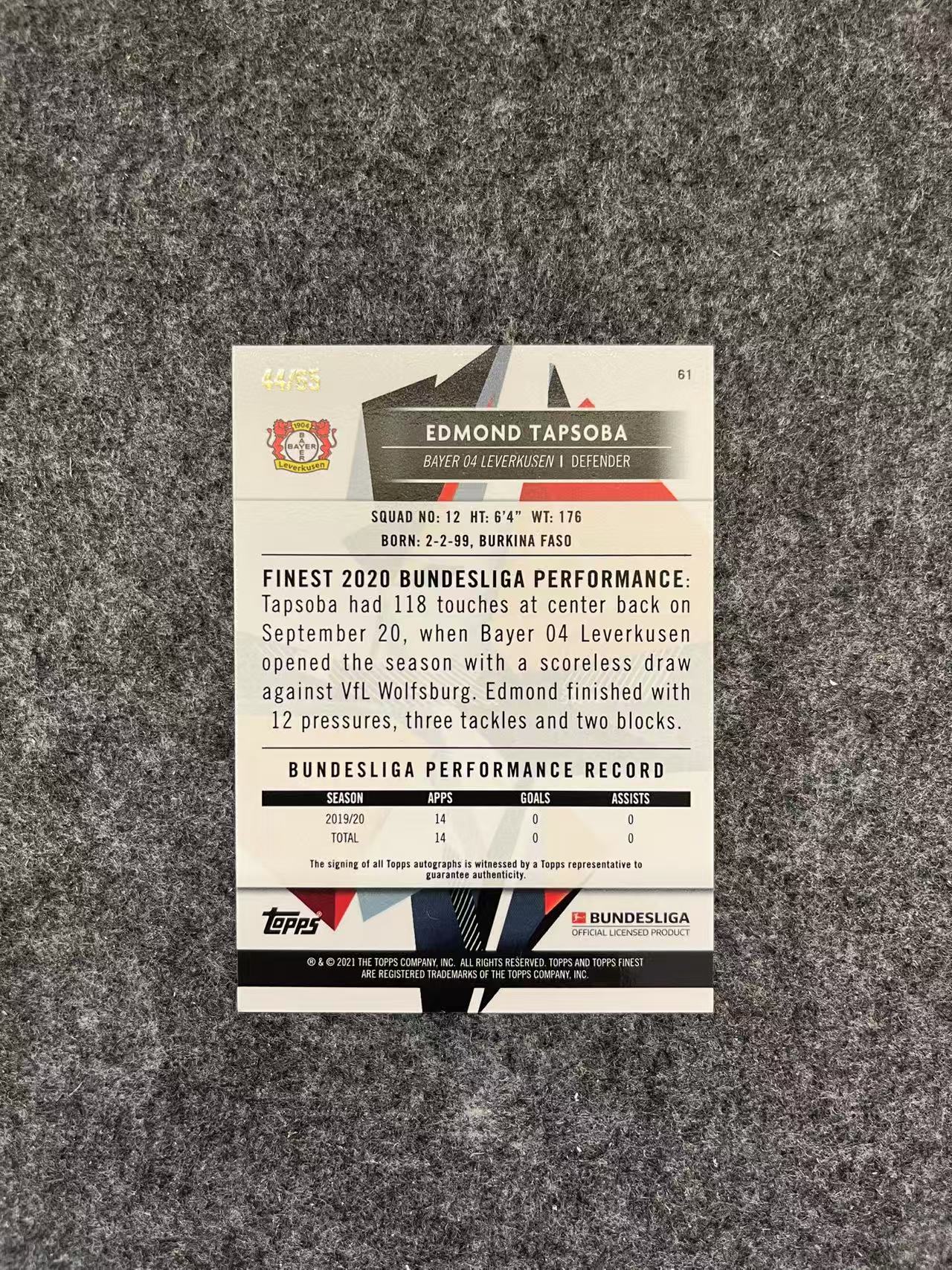2020-21 Topps Finest Edmond Tapsoba RC 德甲Finest 塔普索巴 44/65 蓝折 签字 新秀年 超级妖人 豪门猎物 勒沃库森 专收凑套 zzz 卡淘