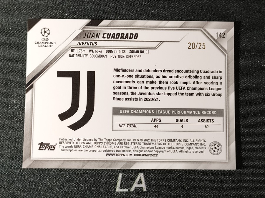 【LA拍卖】2022 Topps Chrome UEFA Juan Cuadrado 欧冠 胡安 夸德拉多 尤文图斯 橙折 /25编 WYDD 卡淘