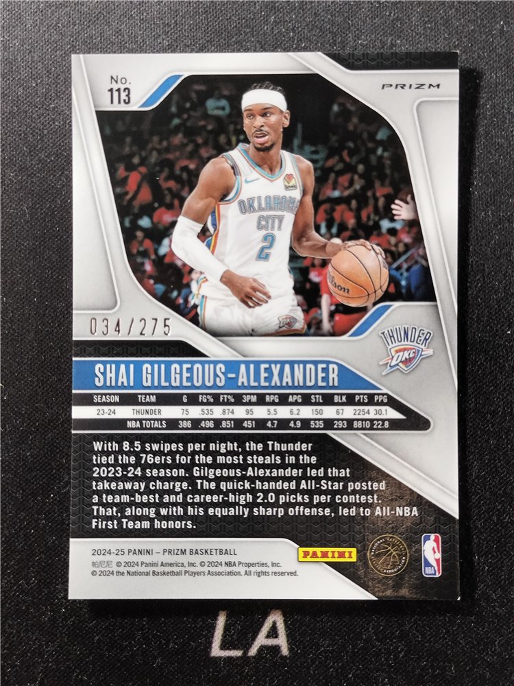 【LA拍卖】2024-25 Panini Prizm Shai Gilgeous-Alexander 谢伊 吉尔杰斯 亚历山大 SGA 雷霆 ...