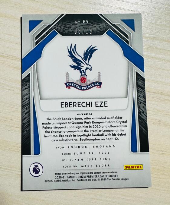 2020-21 Panini Prizm Eberechi Eze 英超 水晶宫 艾泽 埃泽 28编RC新秀base 8/28 英格兰 卡面凹痕 卡淘