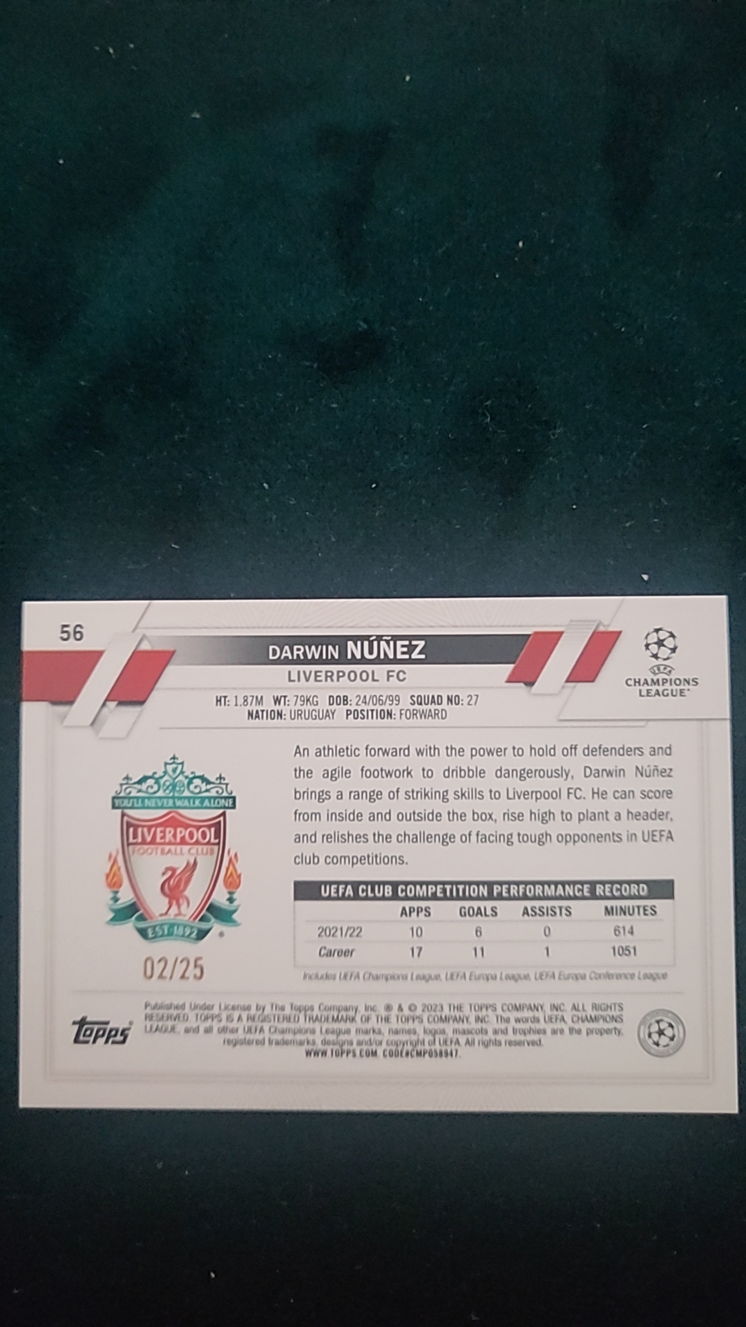 2022-23 Topps 欧战 Darwin Nunez 努涅斯 利物浦 乌拉圭神锋 萨拉赫队友 英超 红军 ucc 02/25 25编 橙折 [D7] 拉稀哥 卡品如图 卡淘