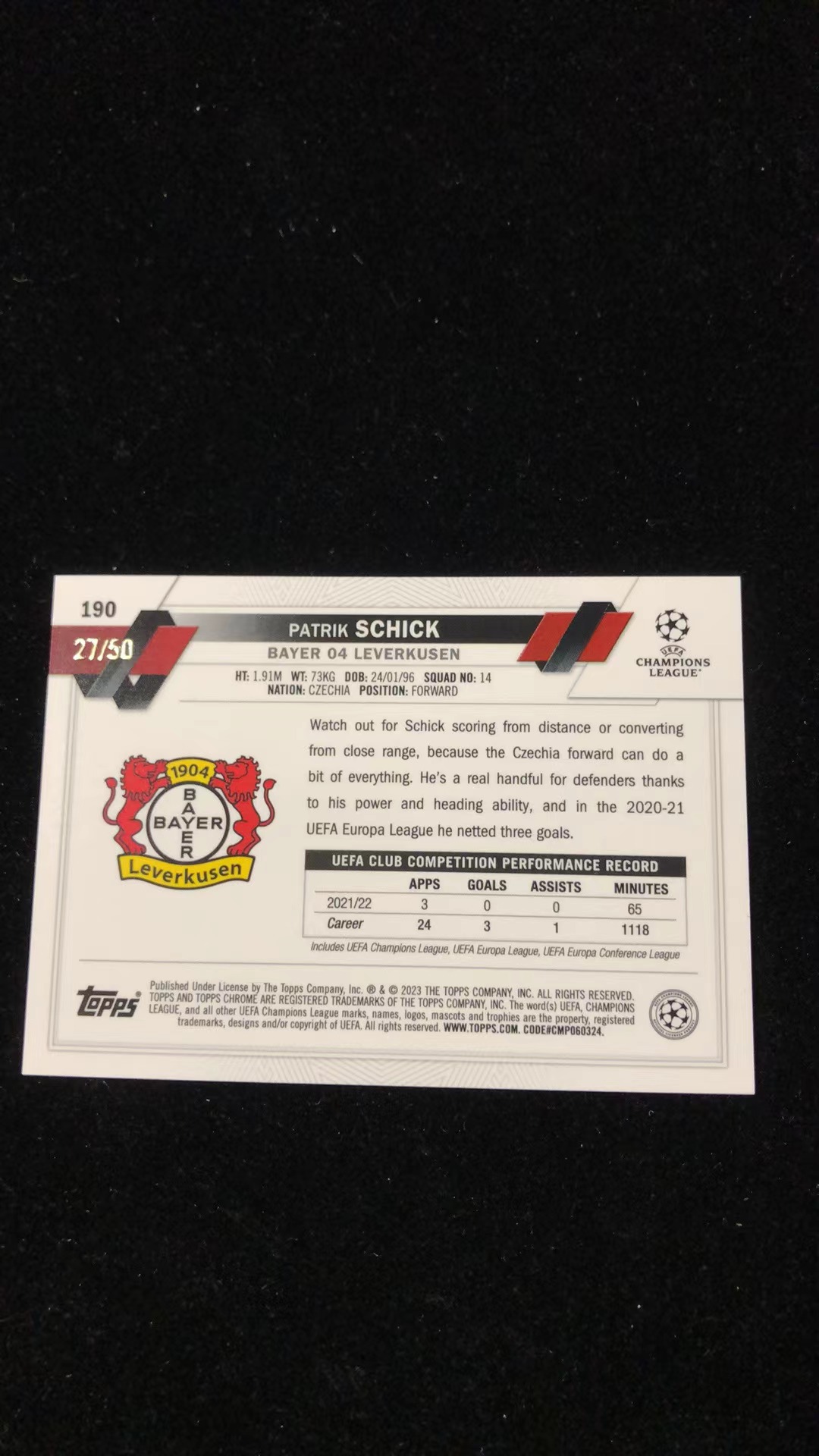 2022-23 Topps Chrome Patrik Schick 欧冠TC蓝宝石 捷克 勒沃库森 希克 27/50编 橙碎冰折 梦煜 王哥 卡淘