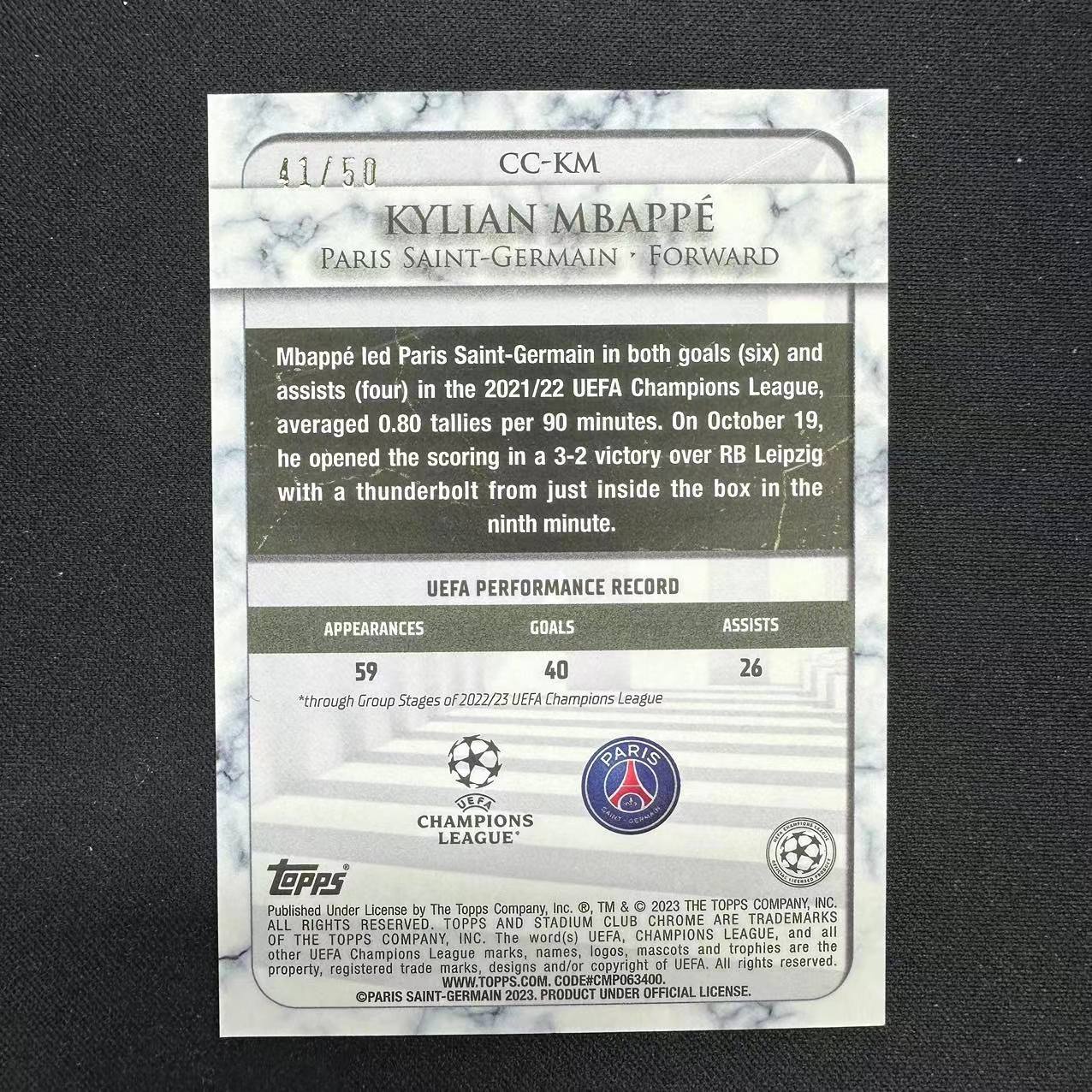 2022-23 Topps Stadium Club Chrome Kylian Mbappe 竞技场 法国 巴黎圣日耳曼 姆巴佩 50编 金 ...