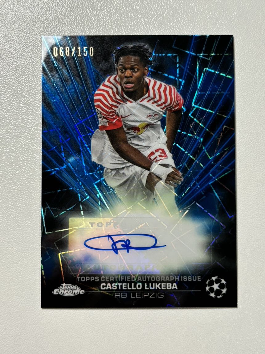 2024 Topps Chrome Castello Lukeba 莱比锡红牛 卢克巴 68/150编 黑镭射折 蓝折签 签字 Jumbo独占 ...