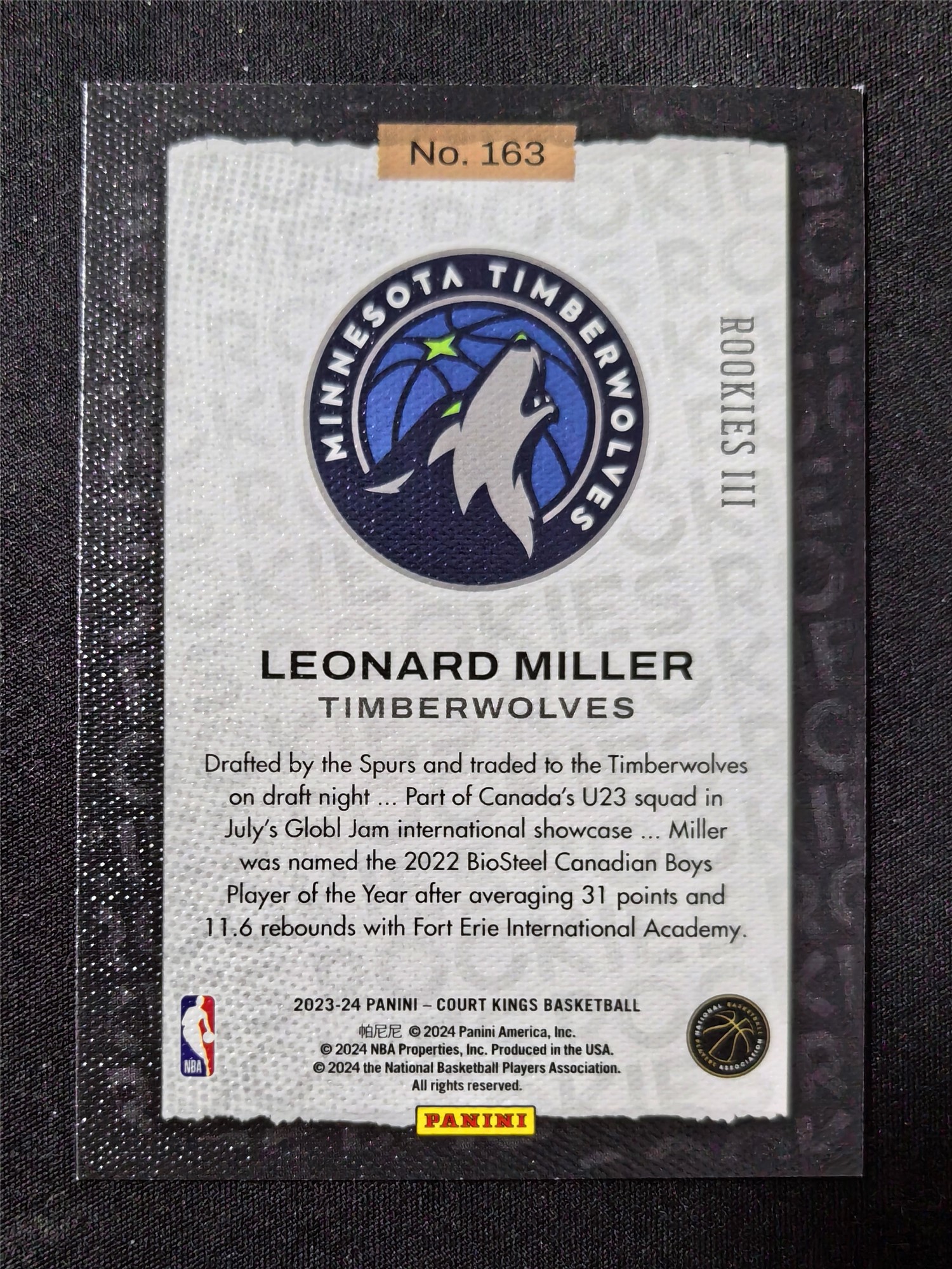 2023-24 Panini Court Kings Leonard Miller RC 【麦考拍卖】m 伦纳德 米勒 森林狼 新秀 ...