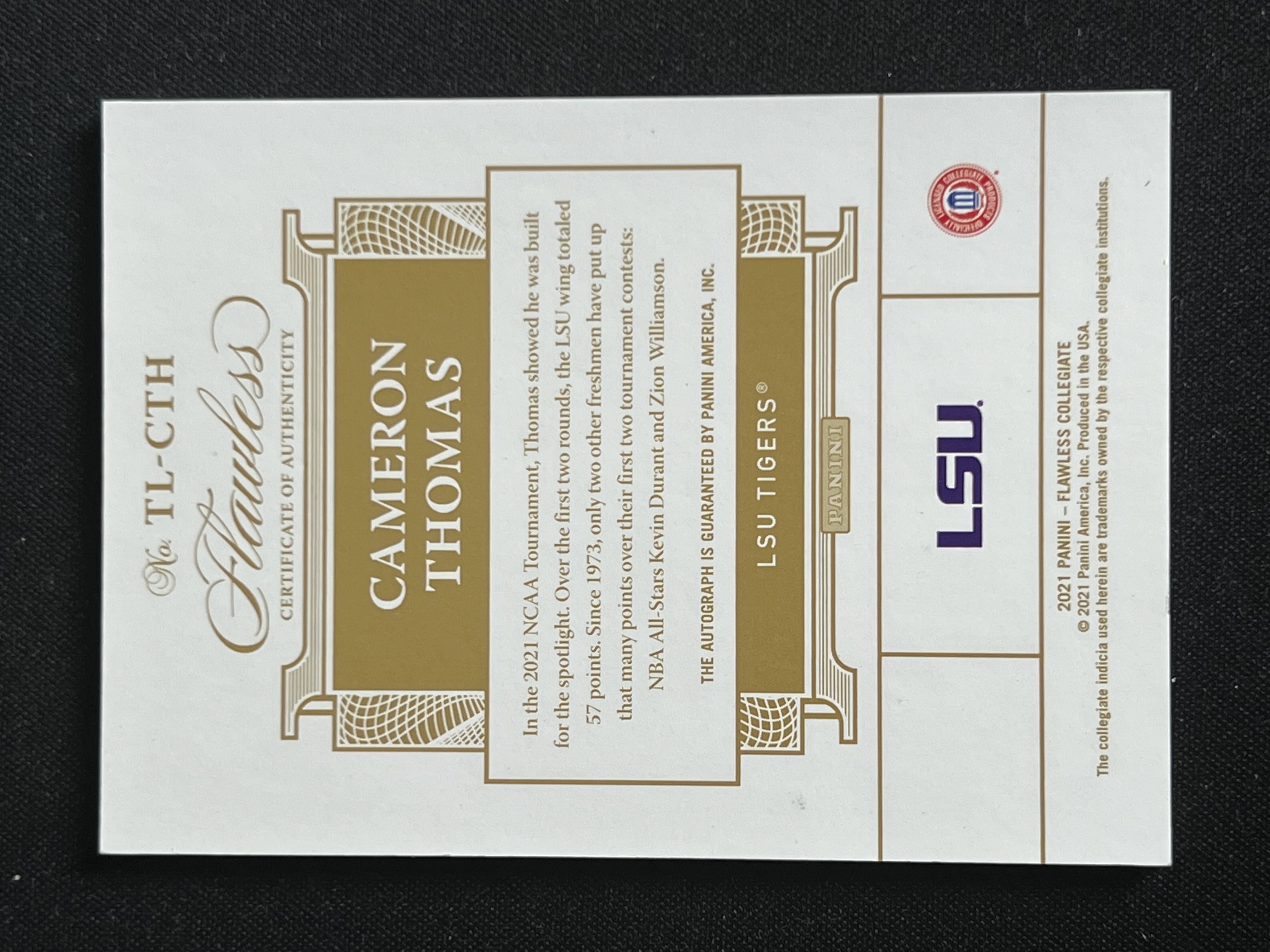 2020-21 Panini Flawless Cameron Thomas 手提 大学 卡梅伦 托马斯 新秀RC /25编 低编 队标 卡签 ...