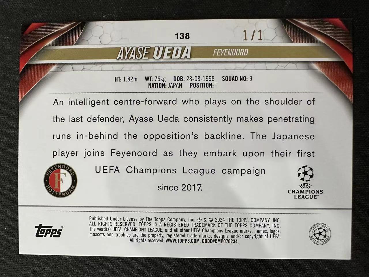 【长安代卖精品】2023-24 Topps UCC Ayase Ueda 欧战 费耶诺德 上田绮世 折射 爆金折 1/1 1of1 一编一 实 ...