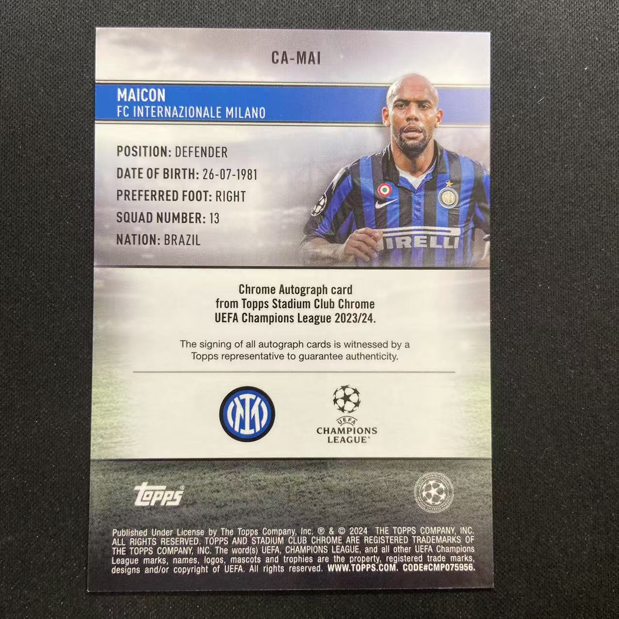 2024 Topps Stadium Club Chrome 欧战竞技场 会员盒 Maicon 麦孔 折射签字 金折 国际米兰 巴西 21/ ...