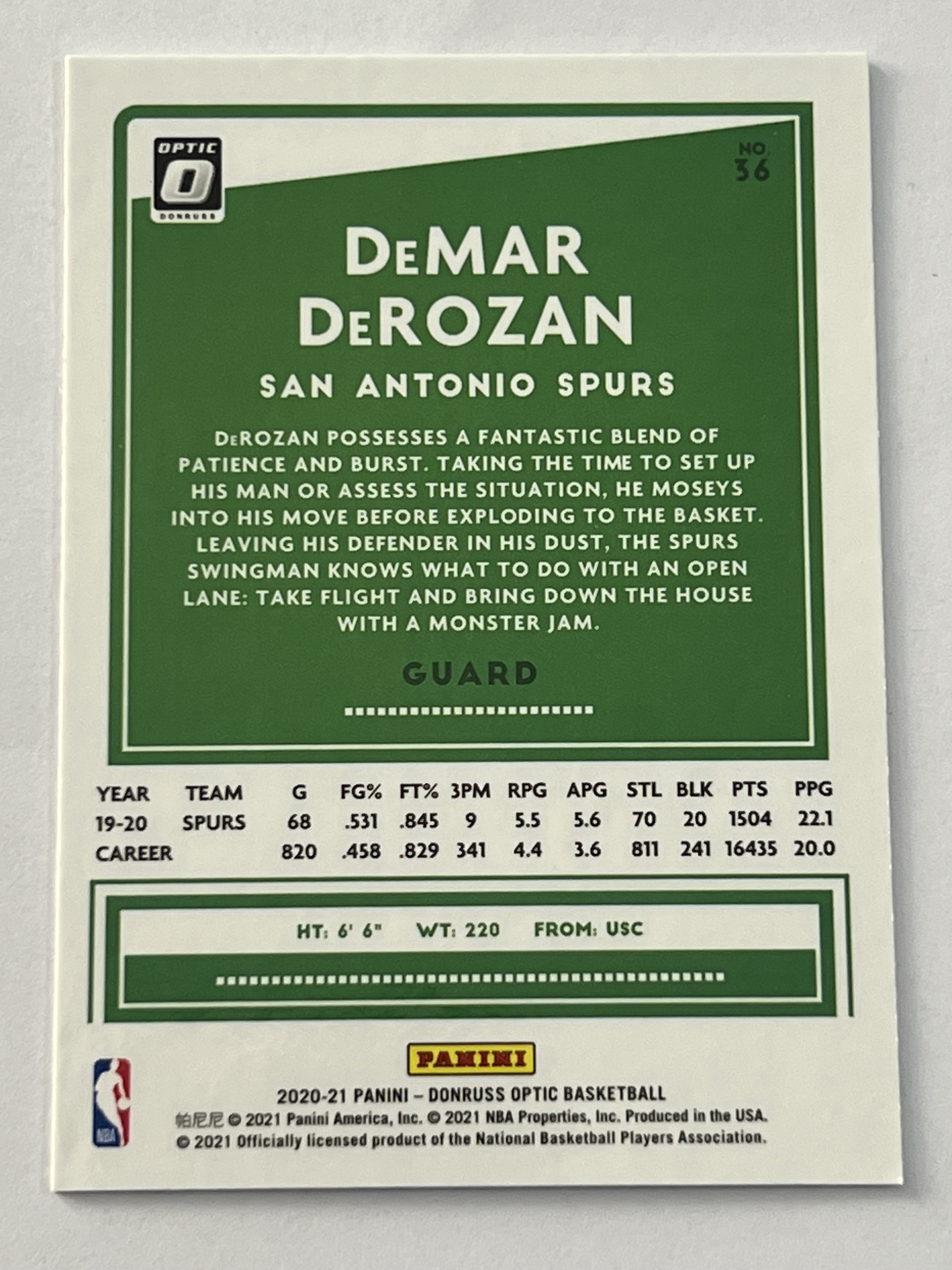 2020-21 Panini Optic DeMar DeRozan 德玛尔 德罗赞 马刺队 热门球星 收藏必备 凑套必备 实卡精美 #36 卡淘
