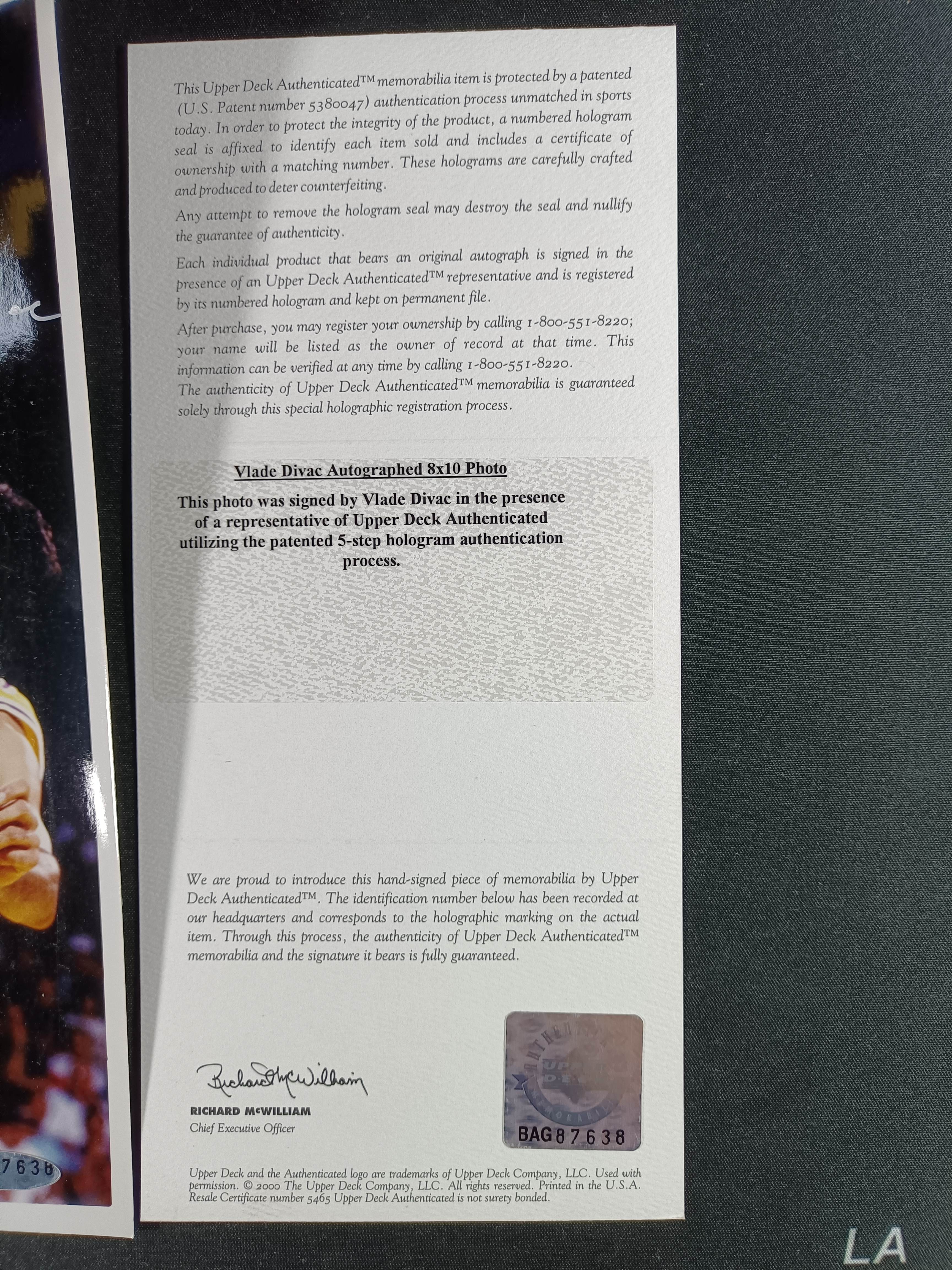 【LA拍卖】Upper Deck Authenticated Vlade Divac 弗拉德 迪瓦茨 湖人队 国王队名宿 大照片签字 亲笔签名 ...