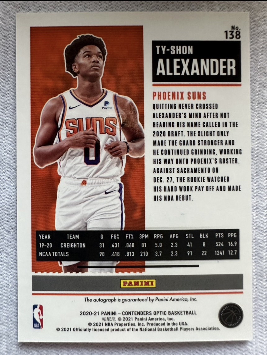 2020-21 Panini Contenders Optic Ty-Shon Alexander RC 太阳队 新秀 亚历山大 球票op系列 ...