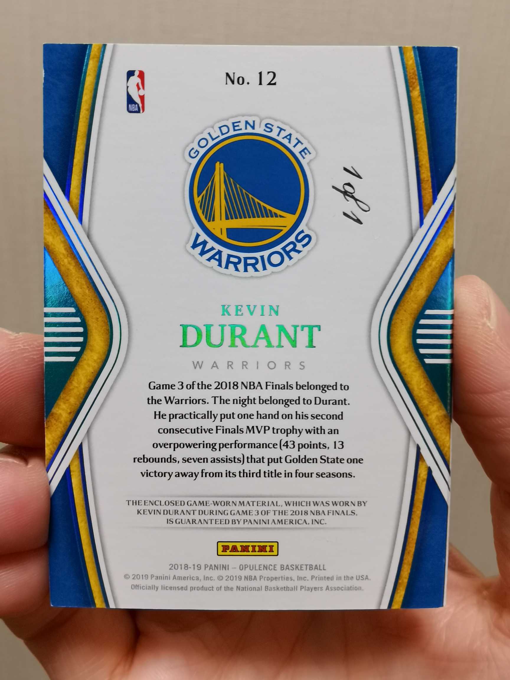 2018-19 Panini Opulence Devin Durrant 勇士队，凯文杜兰特，1819金书，1编，1/1，one of ...