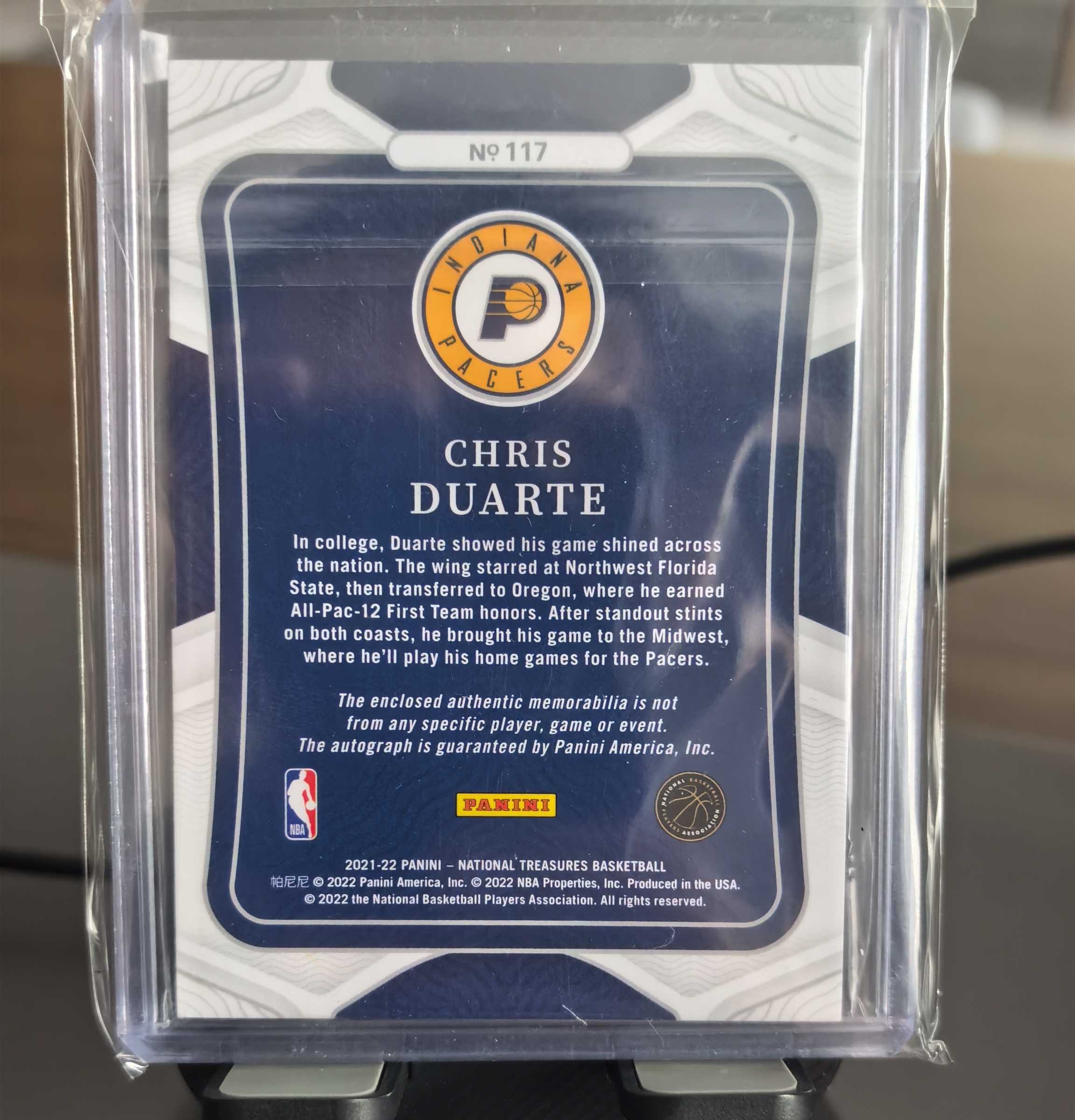 2021-22 Panini National Treasures Chris Duarte RC 克里斯 杜尔特 步行者 国宝 RPA 8/ ...