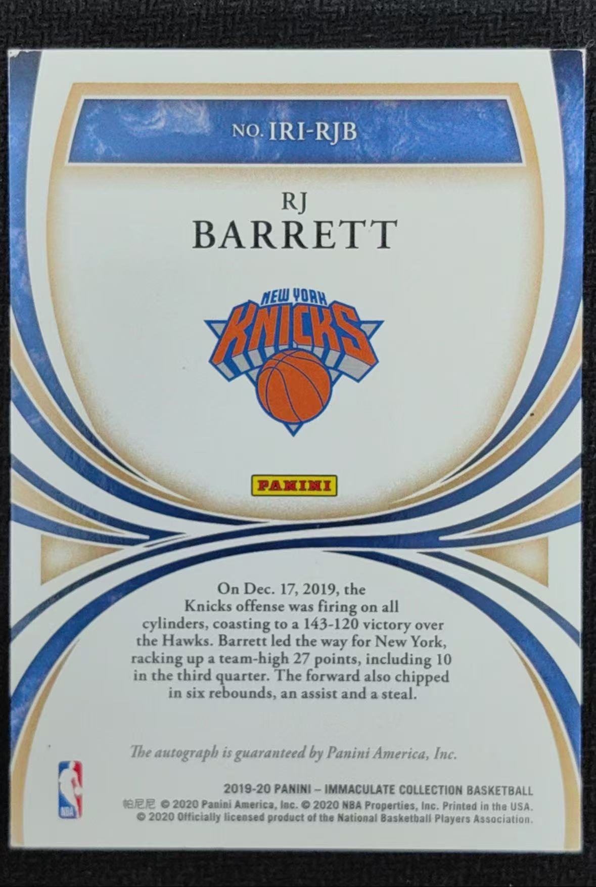 2019-20 Panini Immaculate R.J. Barrett RC RJB 巴雷特 纽约 新秀 爱咪咪 签字 卡签 25编 春考 卡淘