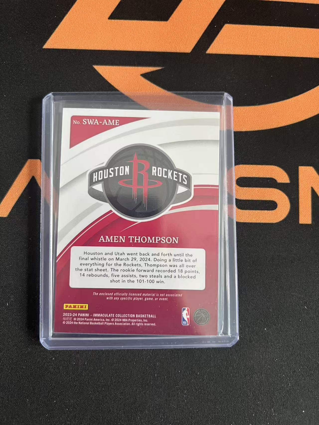 2023-24 Panini Immaculate Amen Thompson 【卡匠预付】火箭 新秀 阿门 汤普森 16/99编 小窗球衣 ...