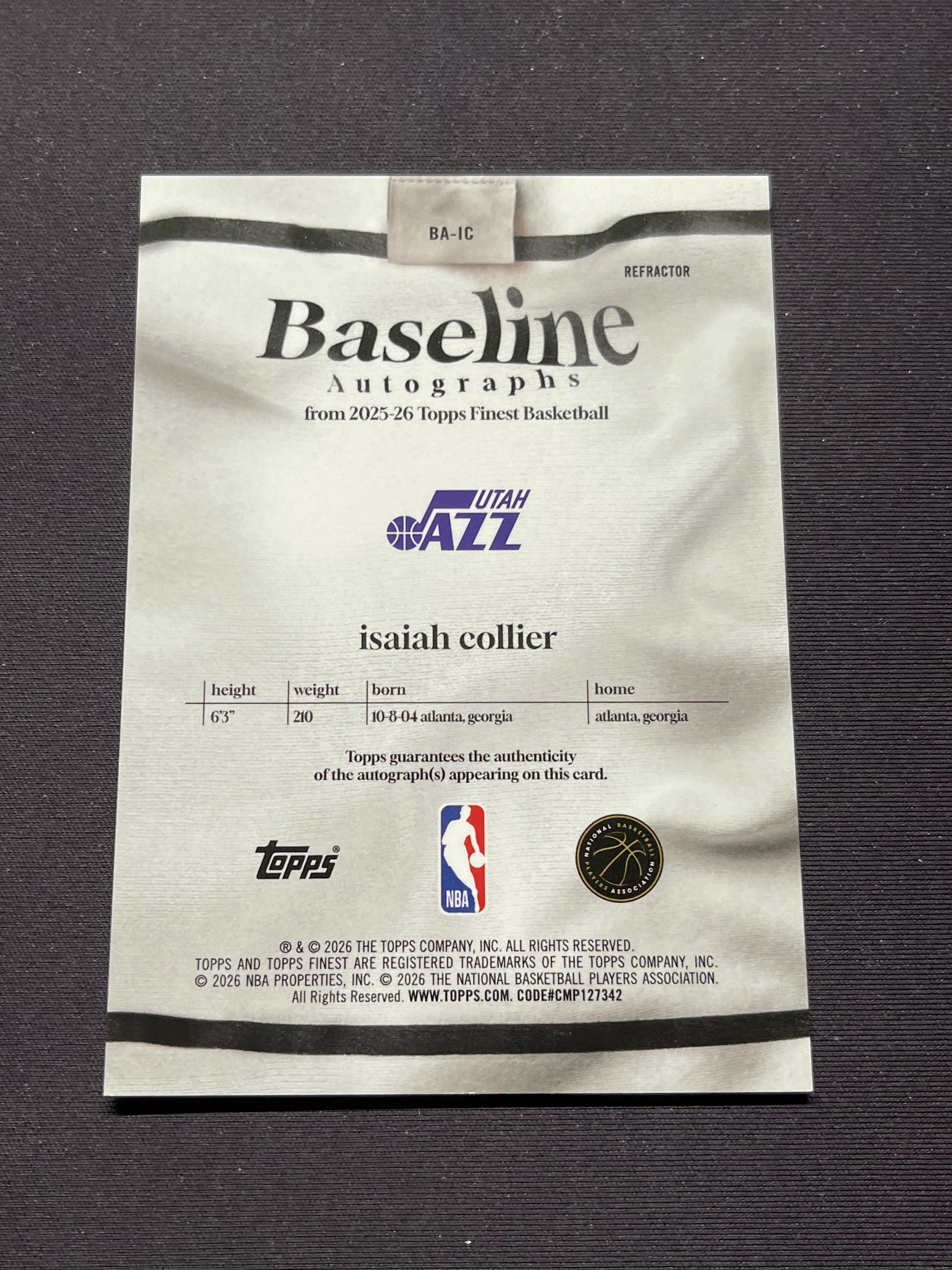 2026 Topps Finest Isaiah Collier 爵士 以赛亚科利尔 Baseline 银折 签字 折射 不累计「老夫子」777 卡淘