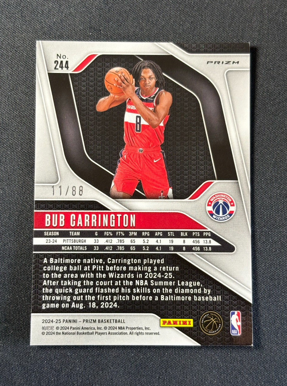 2024-25 Panini Prizm Bob Carrington RC 鲍勃 卡灵顿 新秀 88编 三色 折射 奇才 未来可期 专收 如 ...