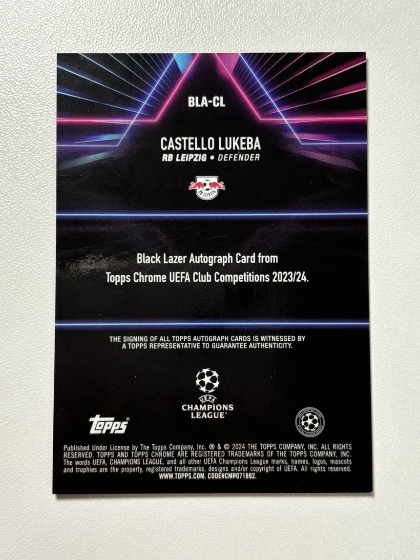 2024 Topps Chrome Castello Lukeba 莱比锡红牛 卢克巴 68/150编 黑镭射折 蓝折签 签字 Jumbo独占 ...