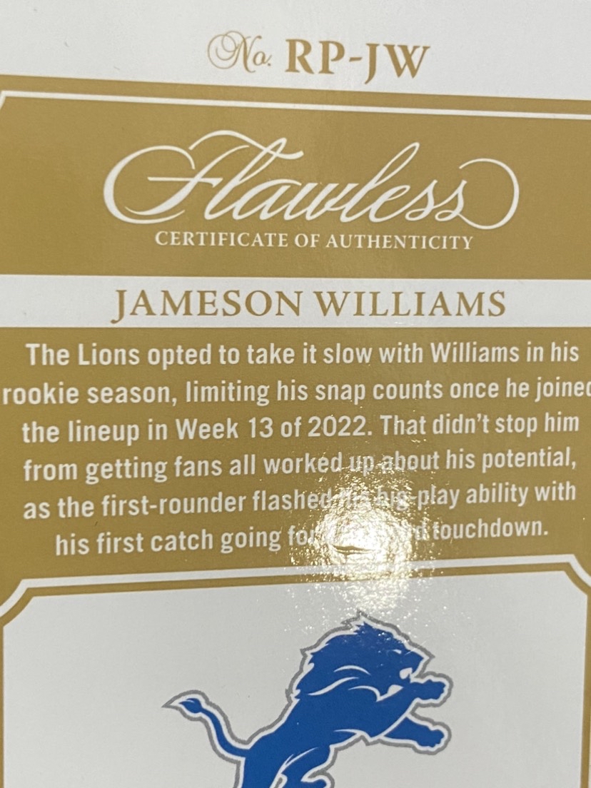 2022 panini Flawless 手提 雄狮 新秀 RC Jameson Williams 詹姆森 威廉姆斯 07/10编 patch 球衣 实物 特卡 卡品如图 选图优美 专收必备 ...