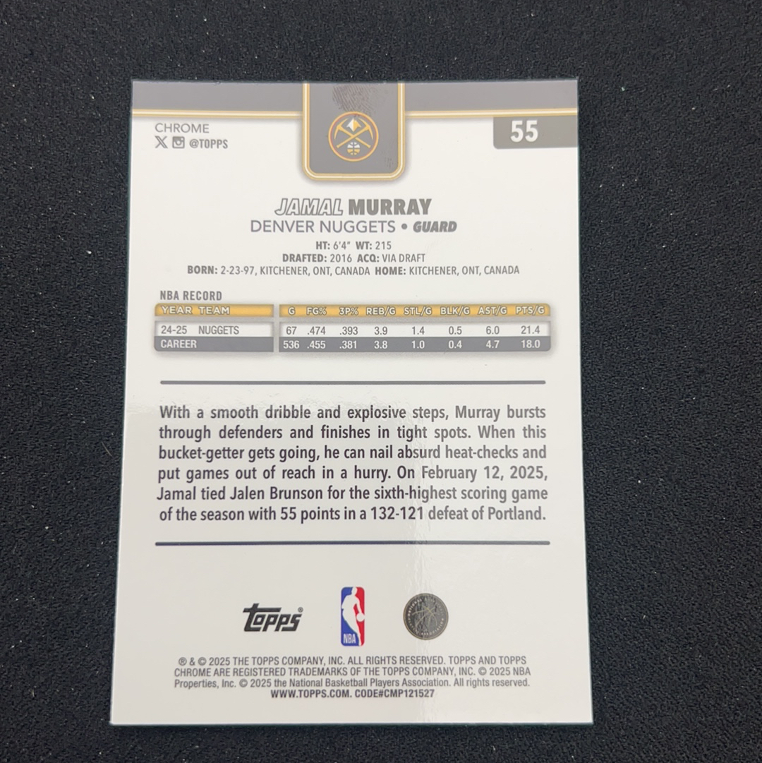 2025-26 Topps Chrome Jamal Murray 【小V代拍】贾马尔 穆雷 掘金 064/150编 球皮折 蓝折 折射 卡品 ...