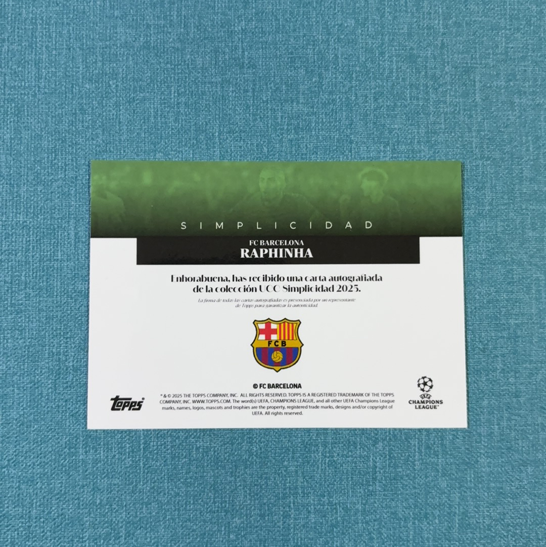 2024-25 Topps Simplicidad 欧战 极简 Raphinha 拉菲尼亚 签字 53/99编 绿折 巴塞罗那 巴萨 卡品如图 ...