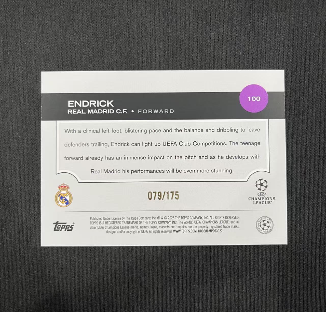 【长安代卖 截标预付80%】2024-25 Topps 欧战Ucc 皇马 皇家马德里 Endrick 恩德里克 新秀黄折折射 079/175编 ...