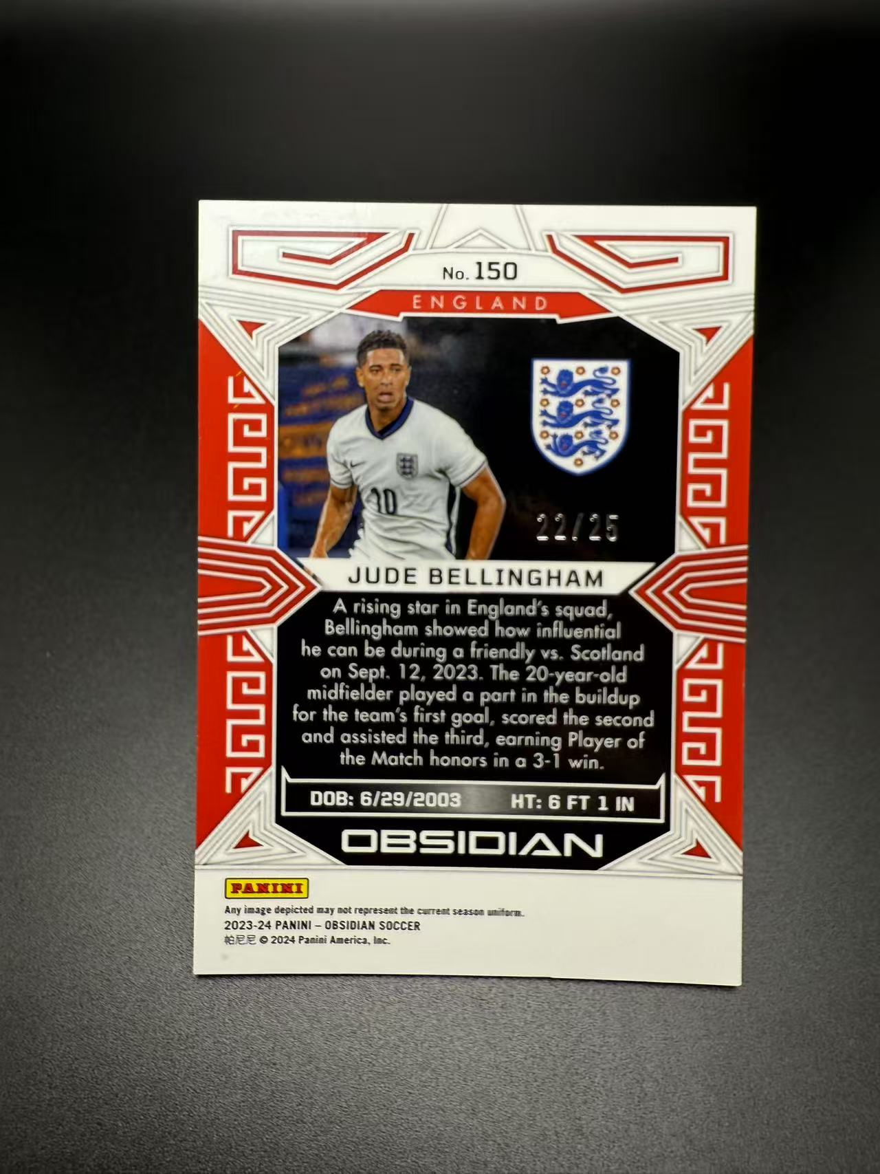 2023-24 Panini Obsidian Jude Bellingham 【湖水蓝拍卖】贝林厄姆 英格兰 黑曜石 Base 紫折 22/ ...