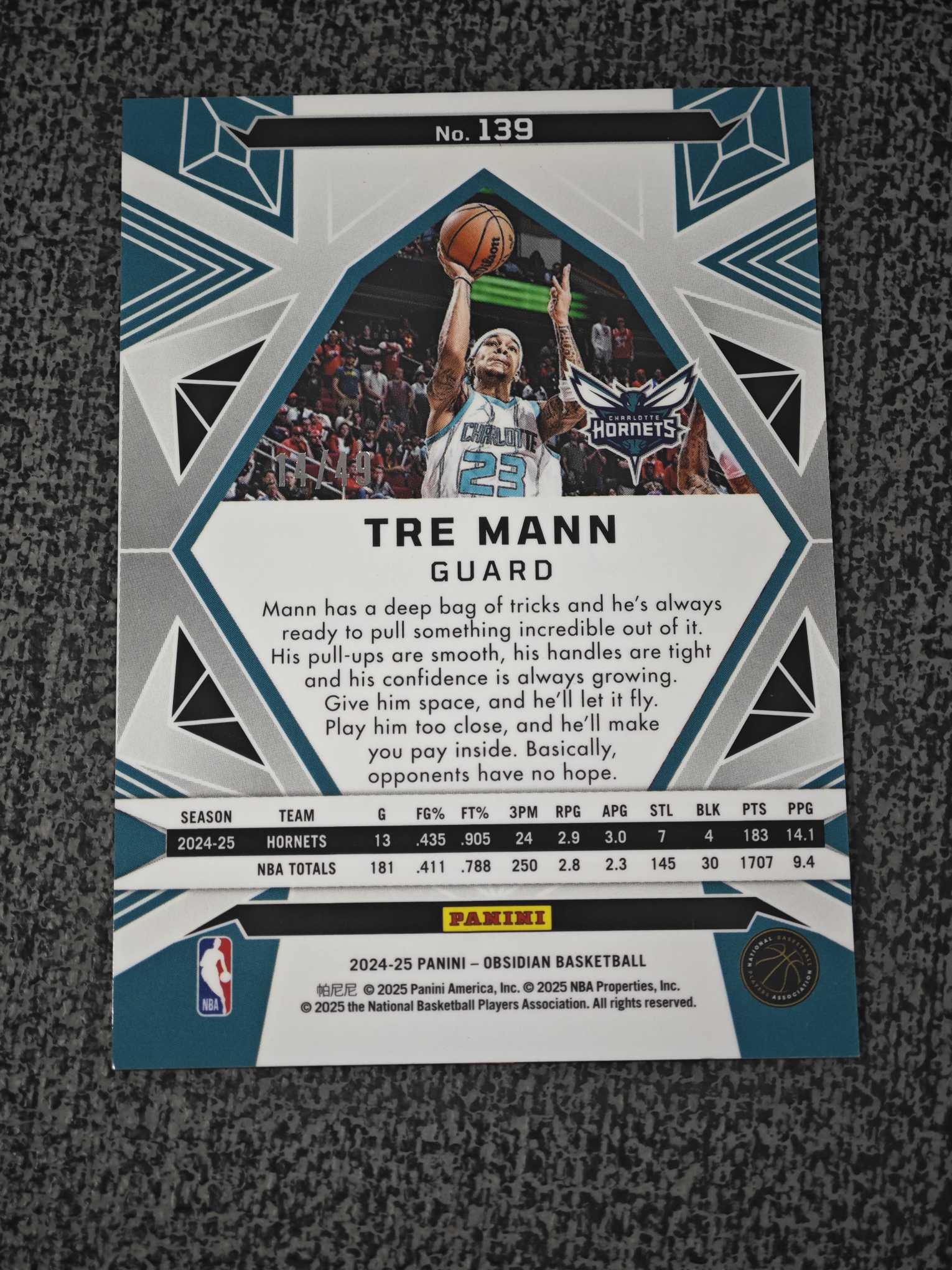 2024-25 Panini Obsidian Tre Mann 黑曜石 特雷曼恩 黄蜂 /49编 碎冰 收藏必备（H 卡淘