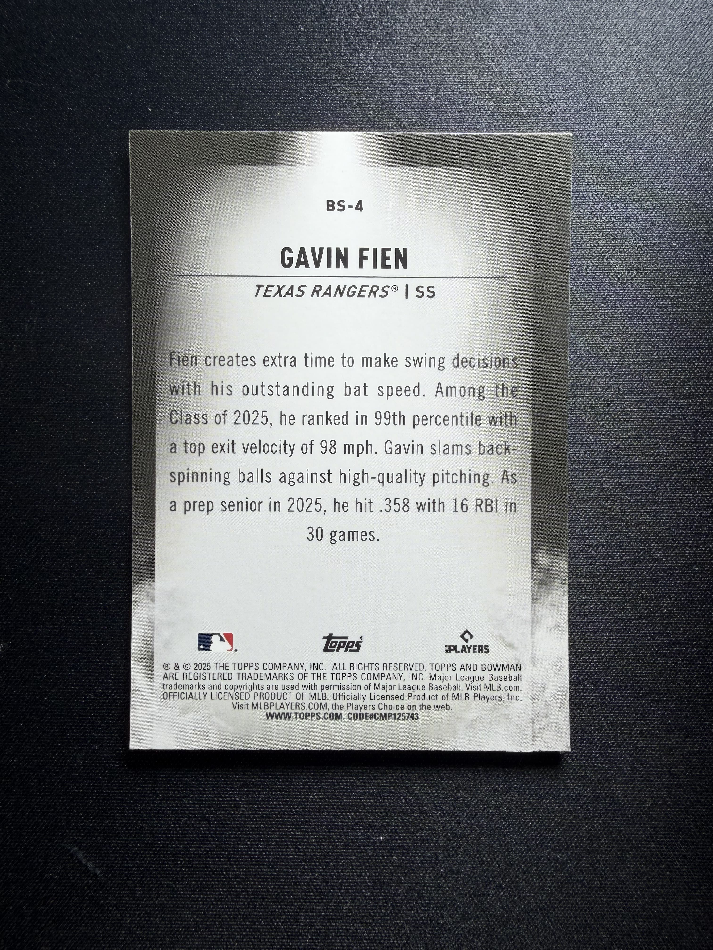 【易文拍卖 超级回款】2025 Topps Bowman Chrome 棒球 GAVIN FIEN 游骑兵 加文 芬恩 1st新秀 聚光灯 ...