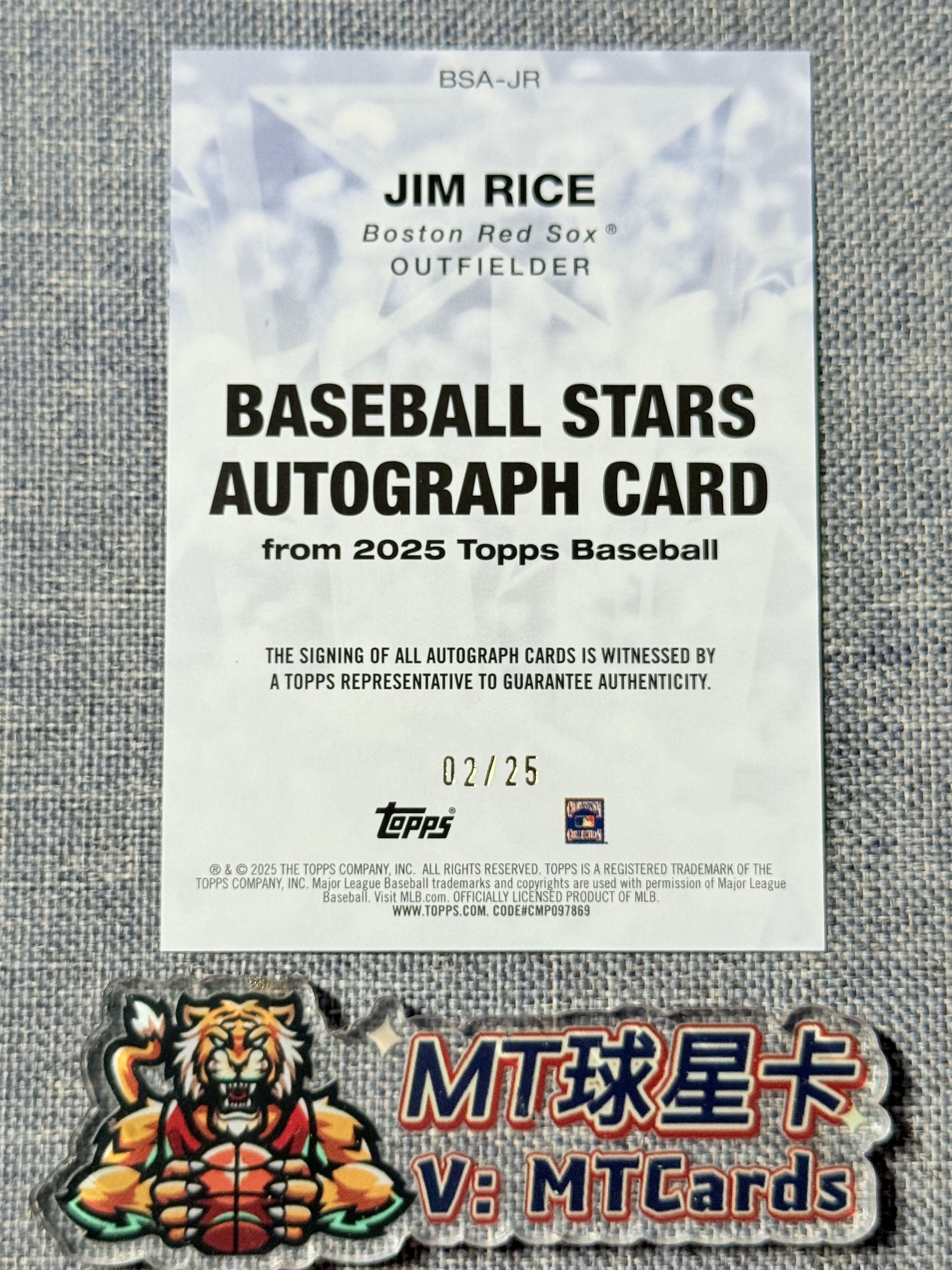 【MT拍卖】2025 Topps Bseball 棒球 Jim Rice 吉姆 莱斯 02/25编 签字 橙平行 波士顿红袜队 （过年） 卡淘