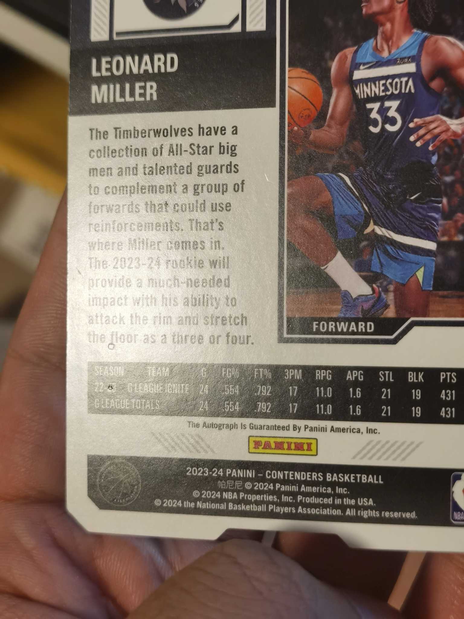 2024 Panini Contenders Leonard Miller RC 伦纳德米勒 新秀 签字 33编 背号编 银折 异形切割卡 ...