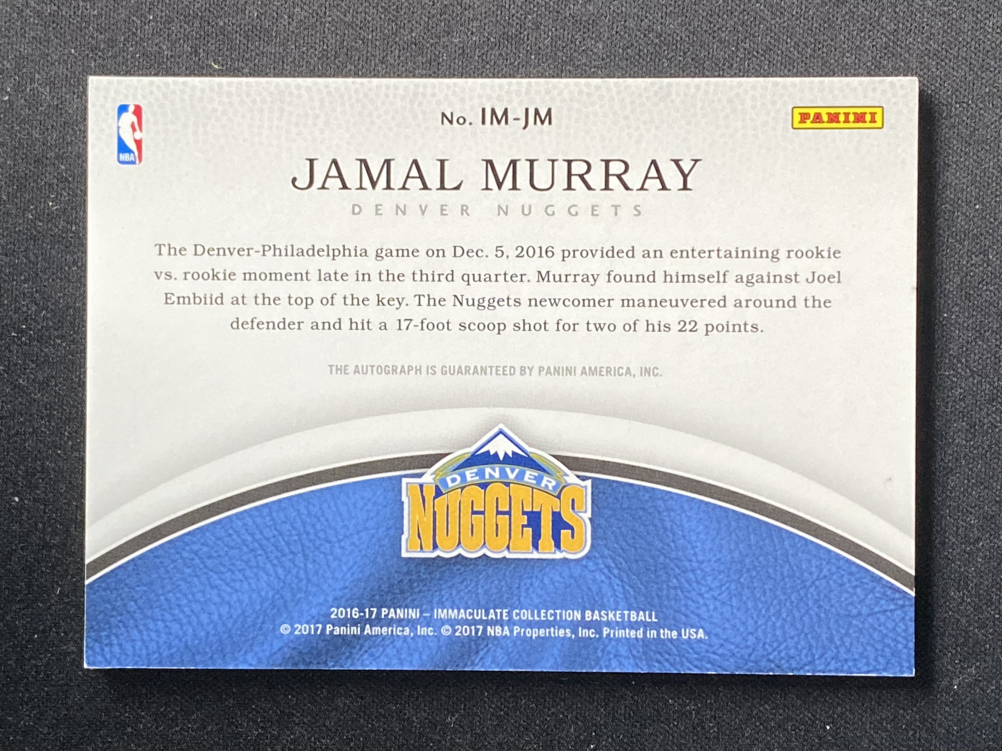 2016-17 Panini IMM Jamal Murray 爱咪咪 掘金 贾马尔 穆雷 新秀RC /50编 关键时刻 时刻签 卡签 签字 ...