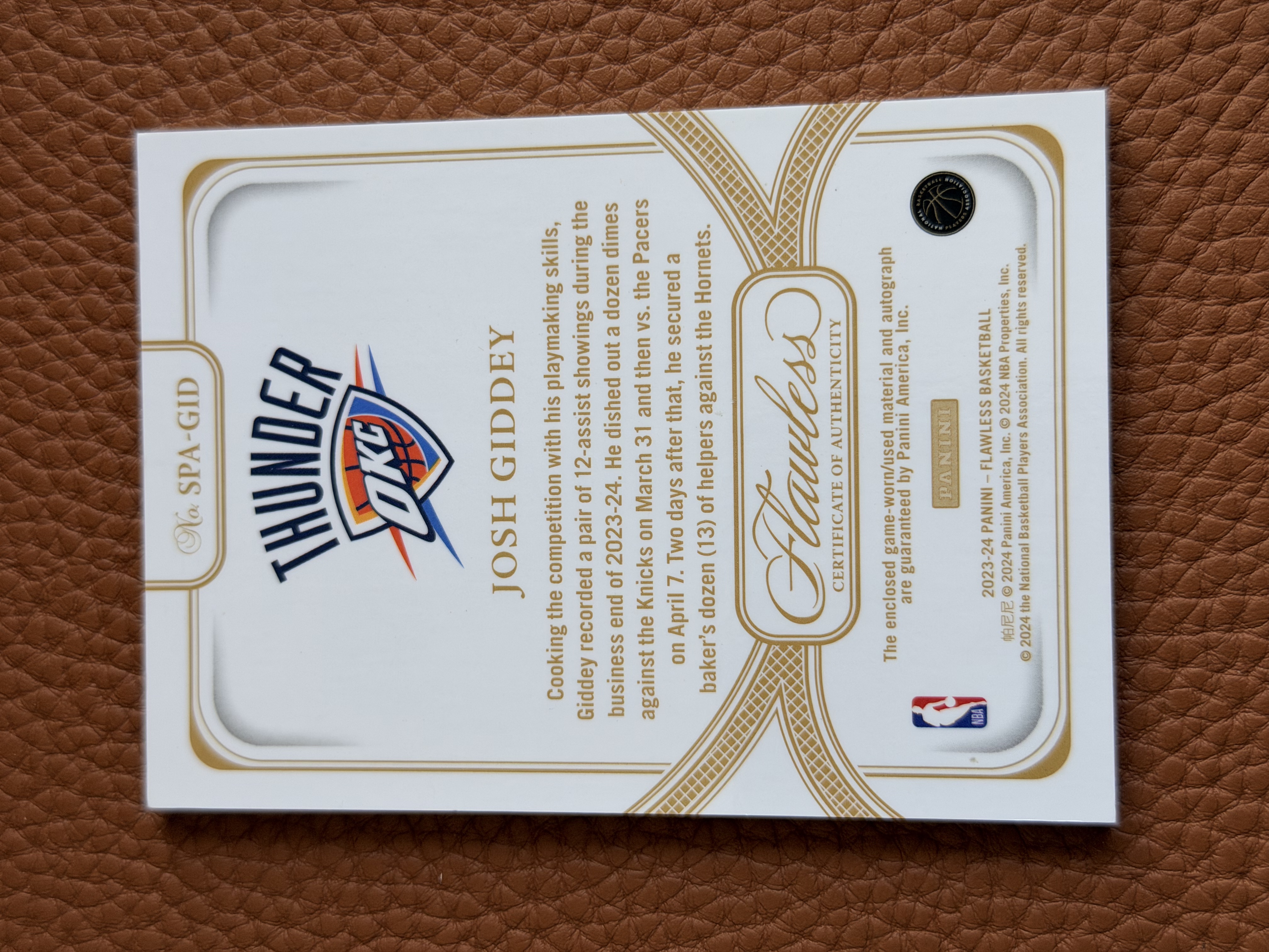 2023-24 Panini Flawless Josh Giddey #SPA-GID【CHOSENC代卖】【顺丰】 手提 约什 吉迪 金版 ...