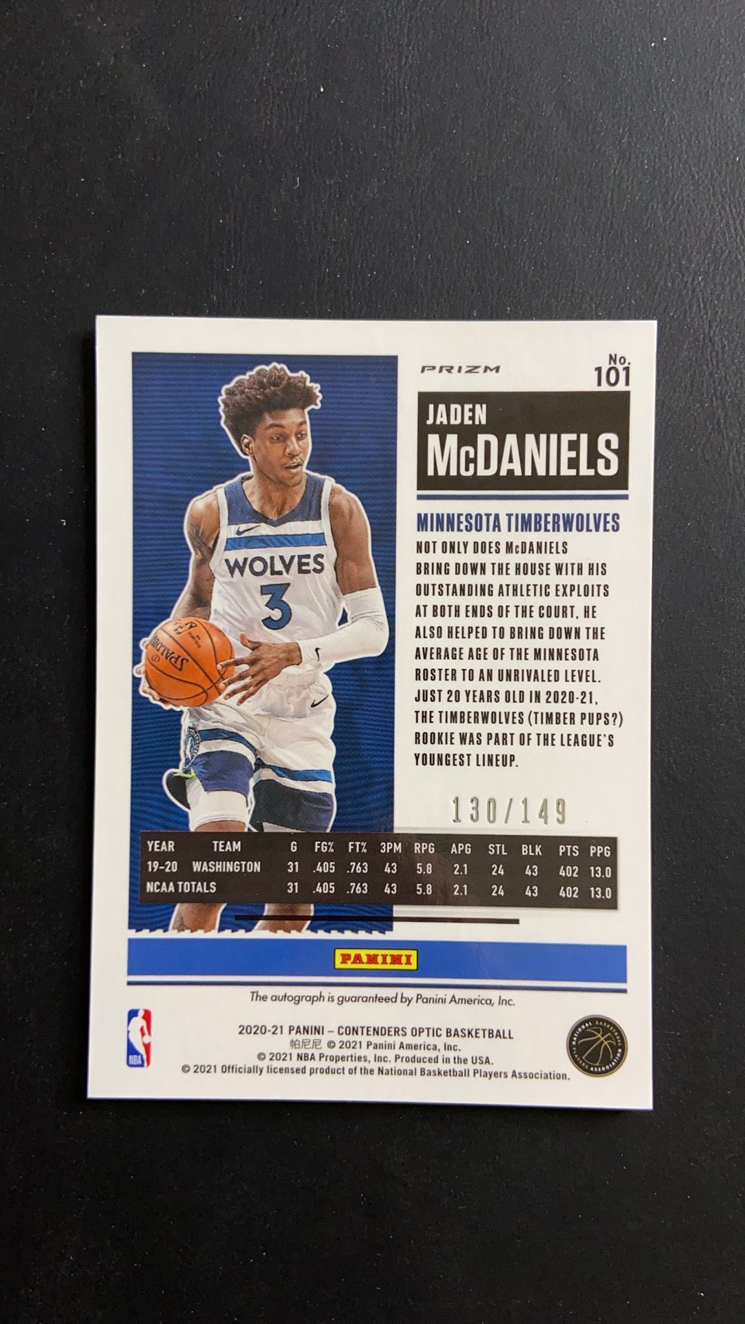 2020-21 Panini Contenders Optic Jaden McDaniels RC 【肥猫代卖】K24B 球票op 森林狼 ...