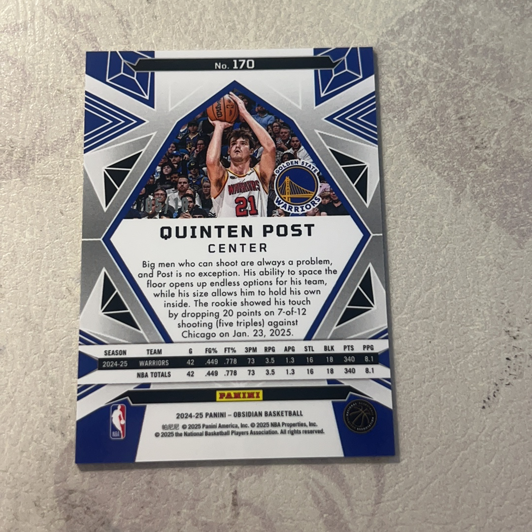 2024-25 Panini Obsidian Quinten Post 【小V代拍】昆腾 波斯特 勇士 5/10编 超低编 金迷宫折 新秀 ...