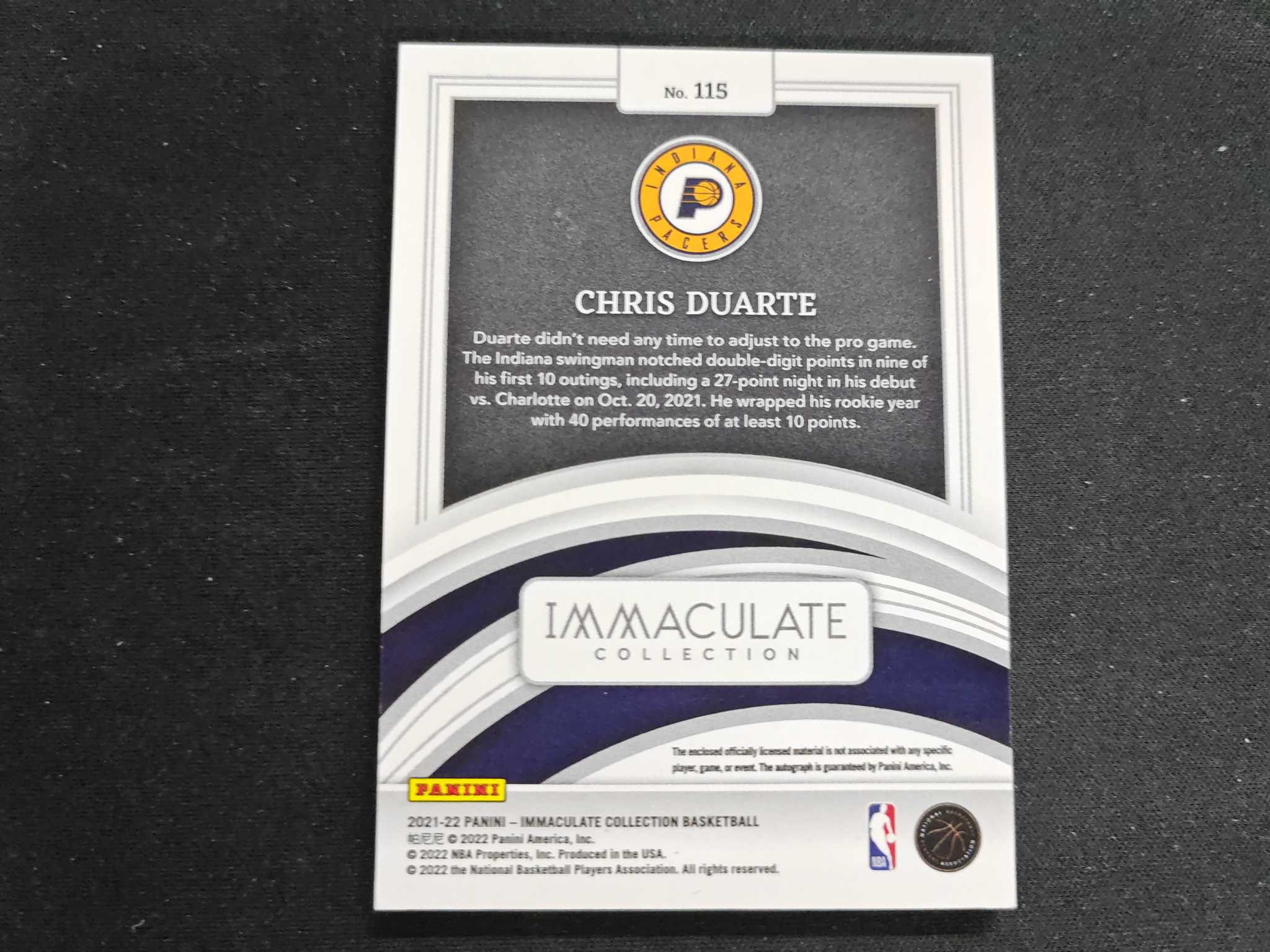 2021-22 Panini Immaculate Chris Duarte RC SC球星卡 新秀 步行者 杜阿尔特 rpa 球衣 物料 ...