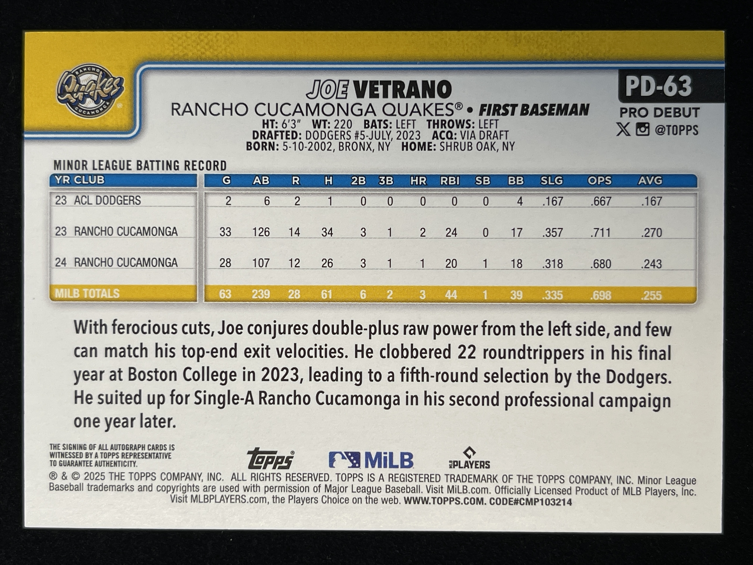 【Lucky幸运壹编壹代拍-NO】2025 Topps Baseball Pro Debut 棒球 小联盟 Joe Vetrano 维尔塔诺 ...
