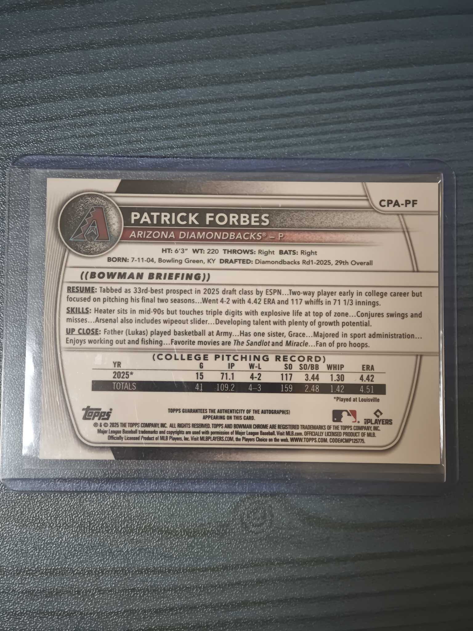 2025 Topps bowman draft patrick forbes RC 棒球 1st 响尾蛇新秀 帕特里克 福布斯 143/199 ...